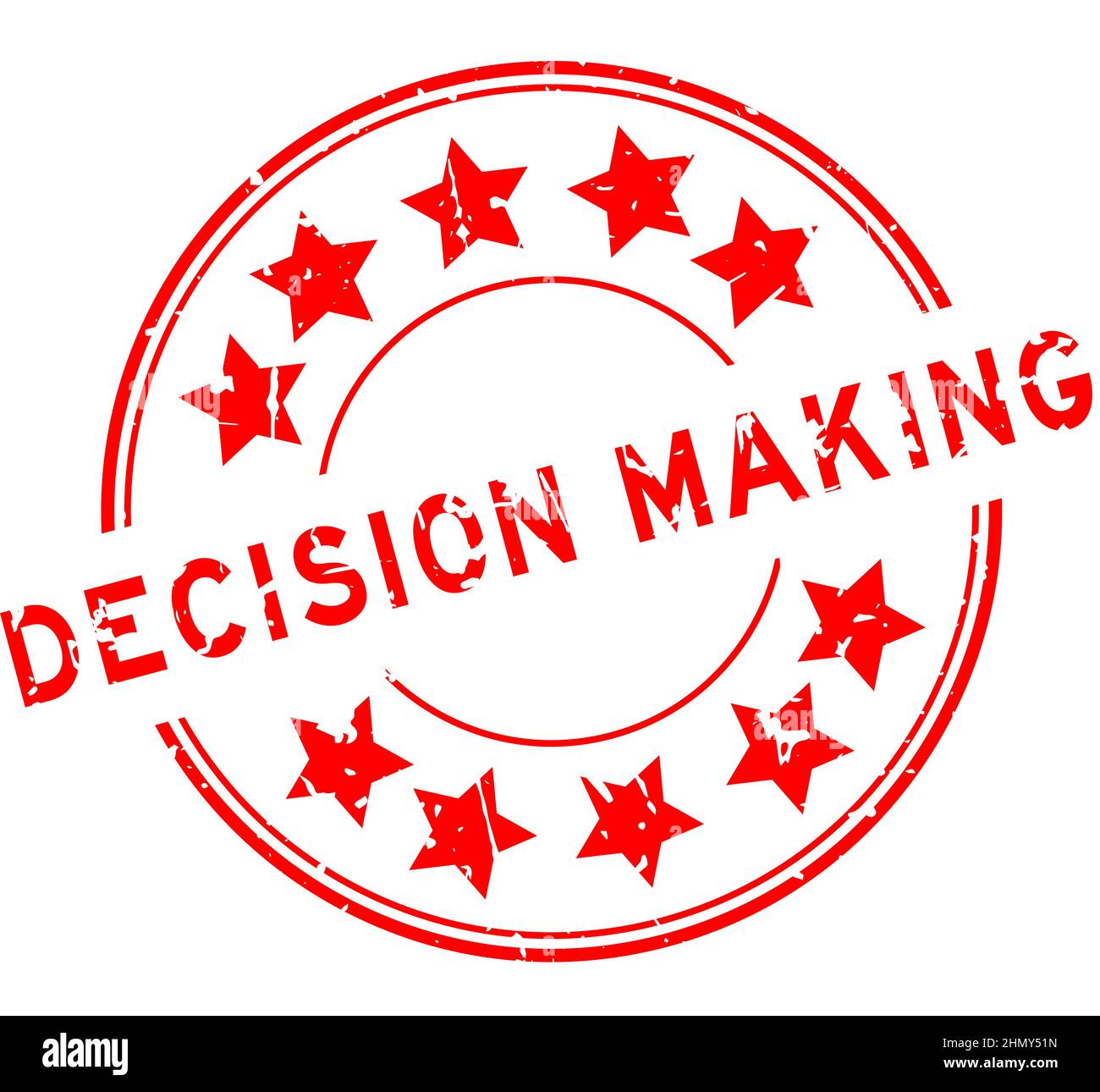 Grunge red decision making word with star icon round rubber seal stamp ...