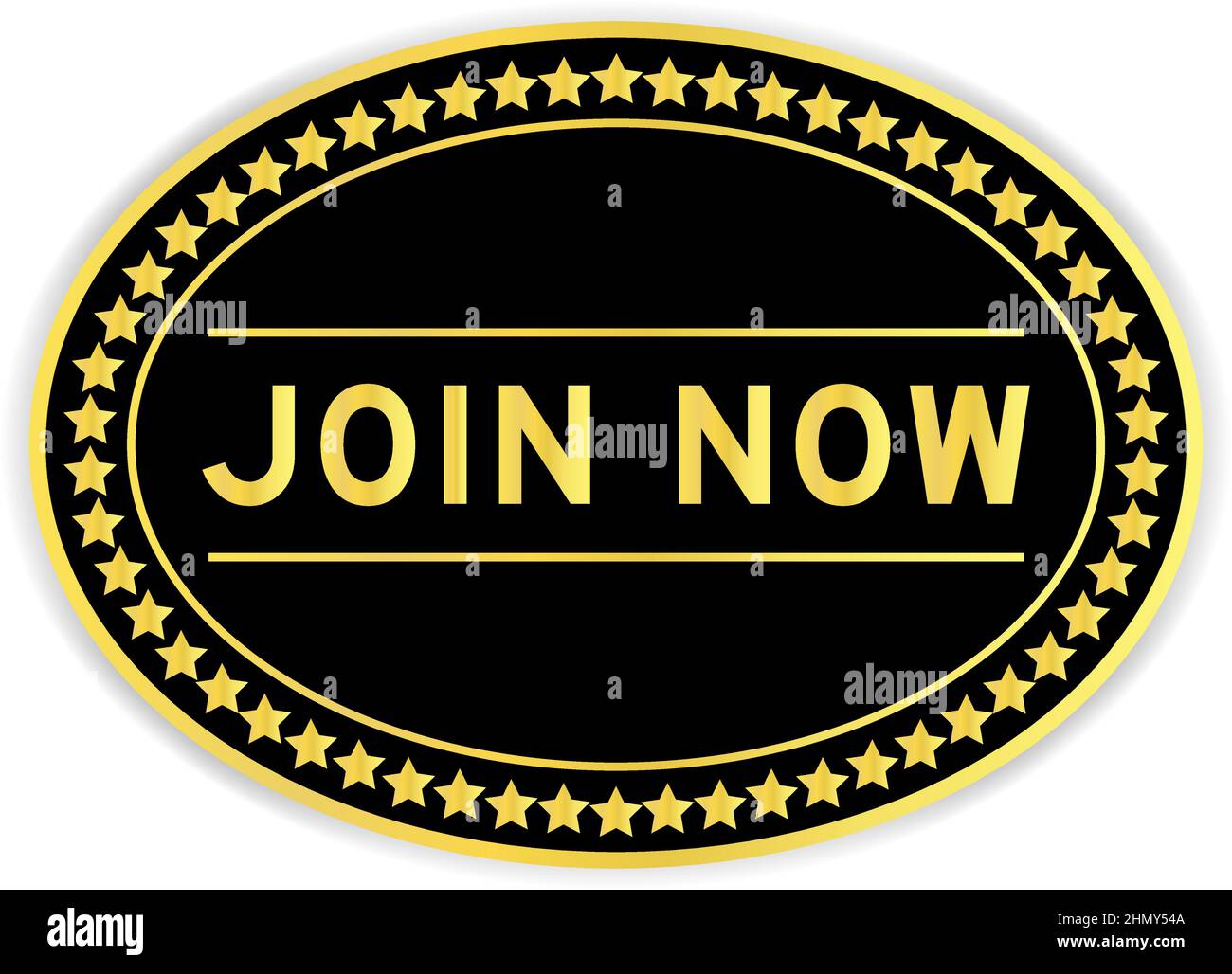Black and gold color round label sticker with word join now on white ...