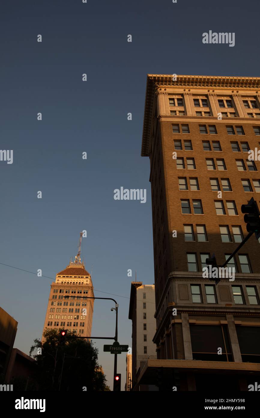 Sunset view of the historic downtown area of Fresno, California, USA ...