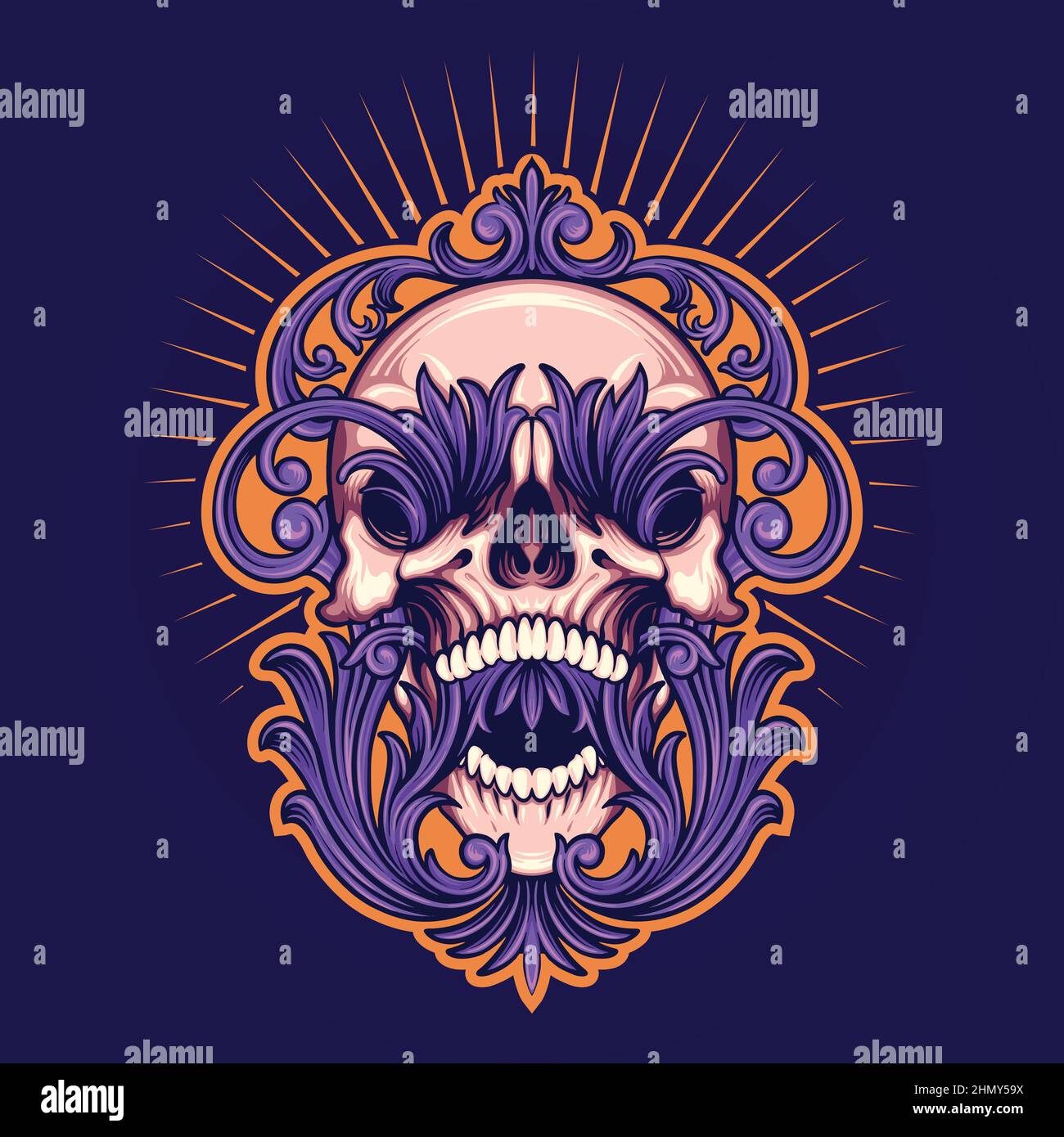 Angry Skull Frame Vintage Ornaments Vector illustrations for your work ...
