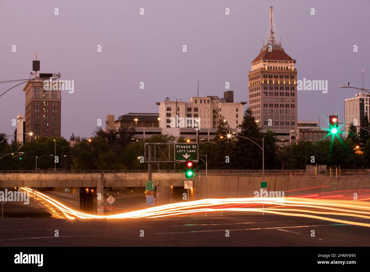 Twilight view of the historic downtown district of Fresno, California ...