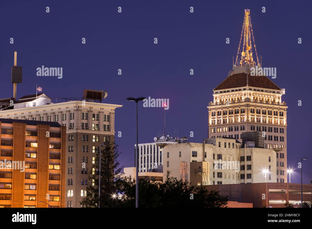 Twilight view of the historic downtown district of Fresno, California ...