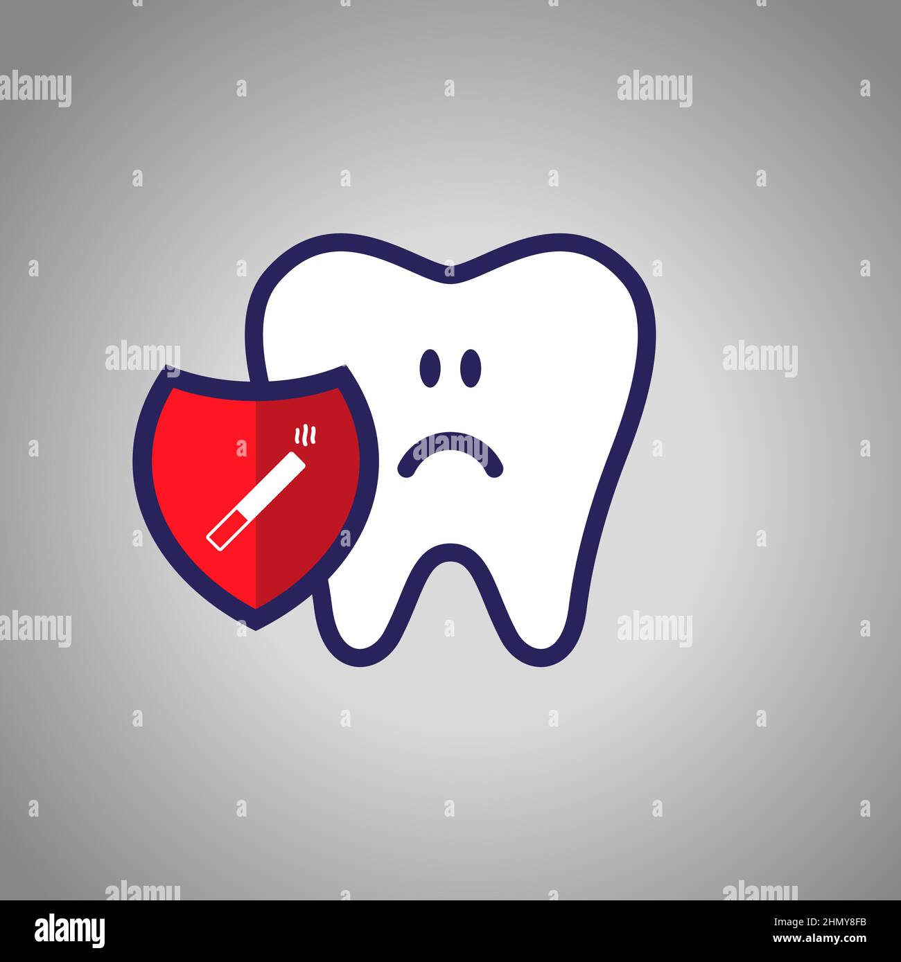 sad tooth, dentistry, oral hygiene. red shield with a cigarette symbol ...