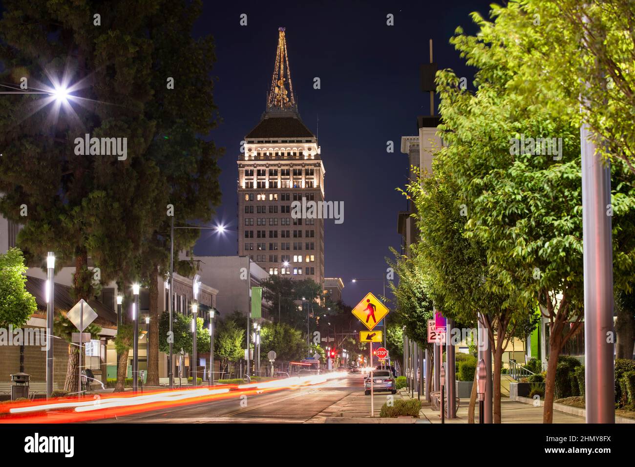 Twilight view of the historic downtown district of Fresno, California ...