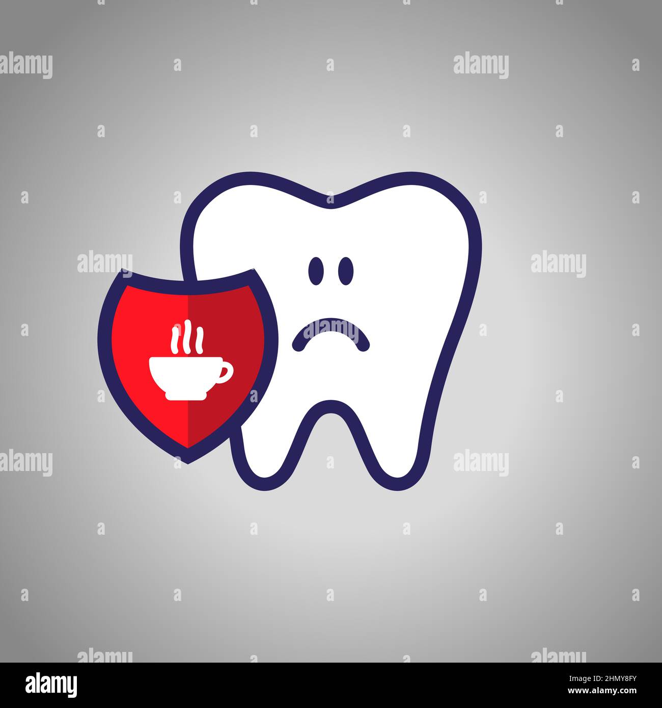 sad tooth, dentistry, oral hygiene. Red shield with the symbol of a ...