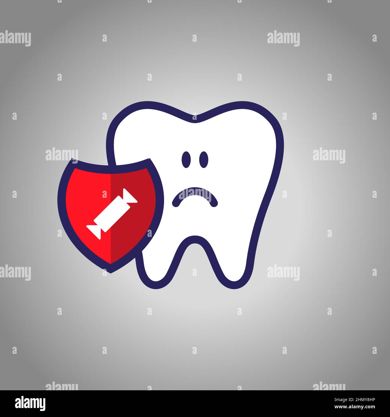 sad tooth, dentistry, oral hygiene. red shield with a candy cane symbol ...