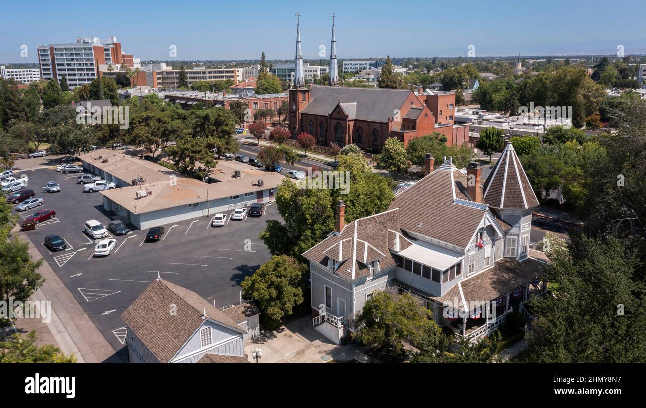 Daytime aerial view of the historic downtown district of Fresno ...