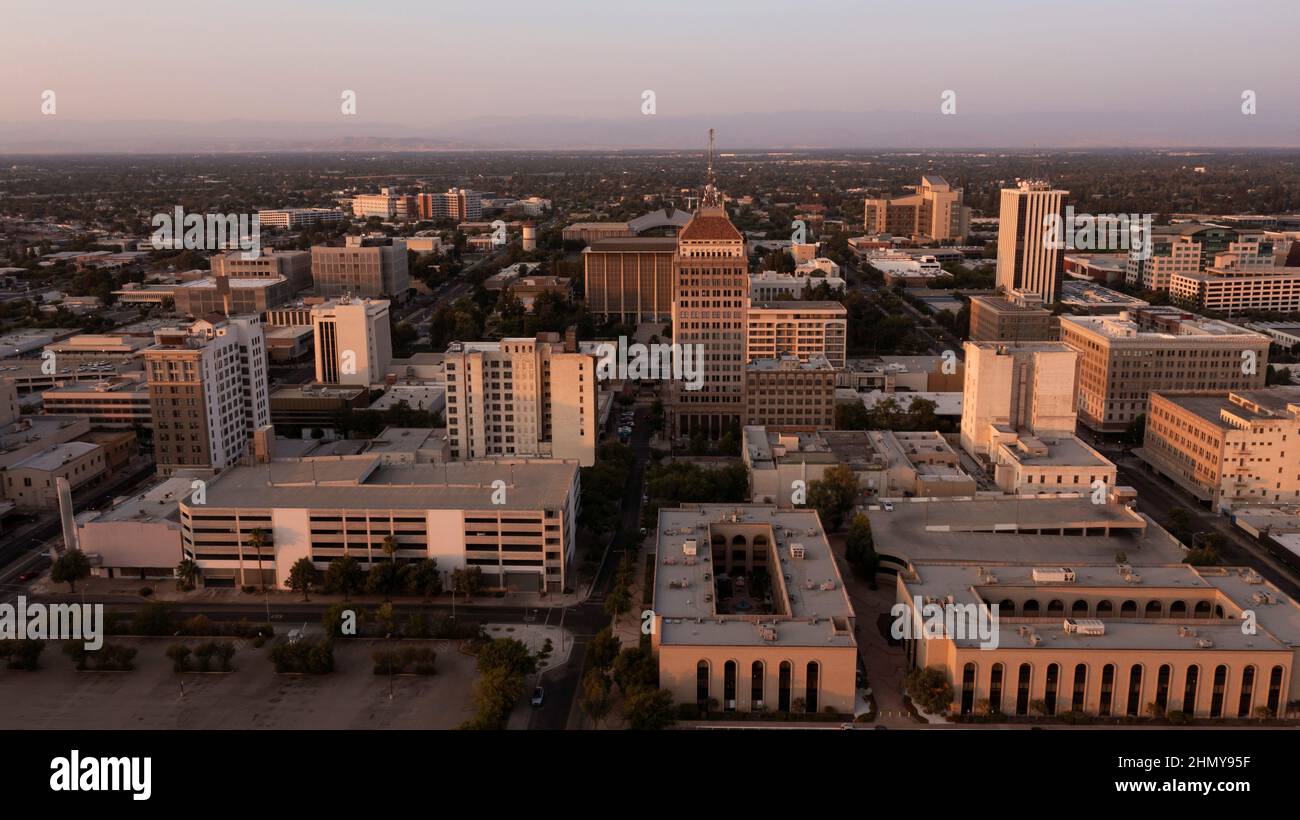 Sunset view of the historic downtown area of Fresno, California, USA ...