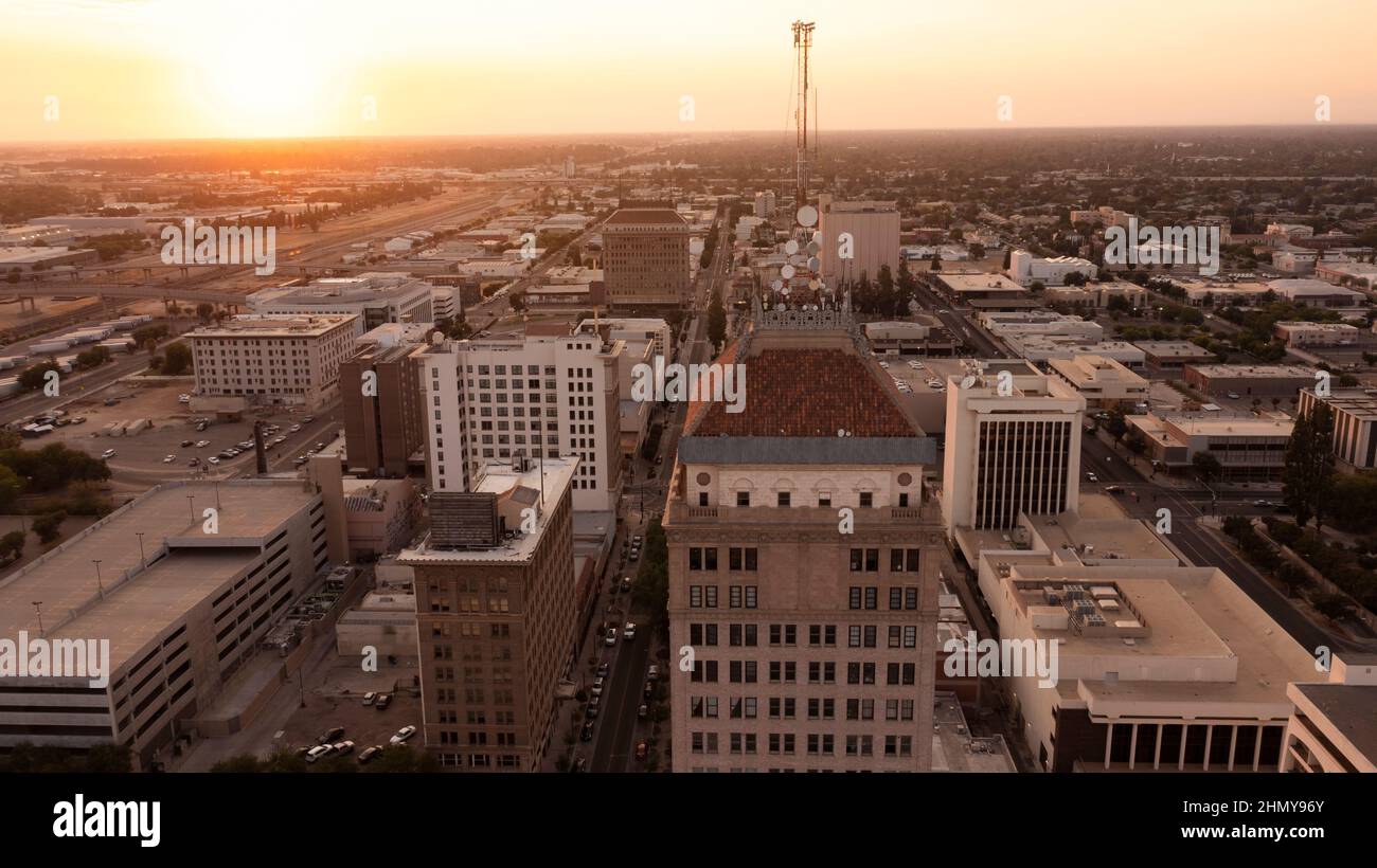 Sunset view of the historic downtown area of Fresno, California, USA ...