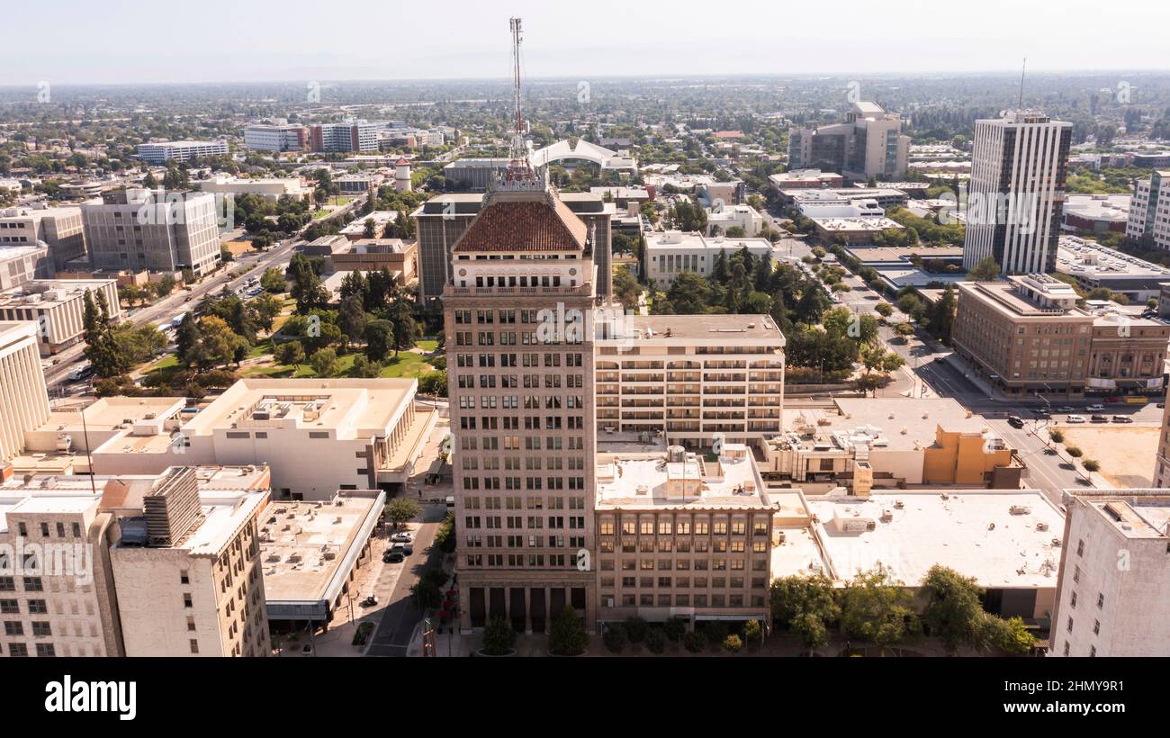 Daytime aerial view of the historic downtown district of Fresno ...