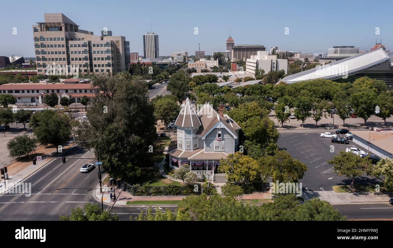 Daytime aerial view of the historic downtown district of Fresno ...