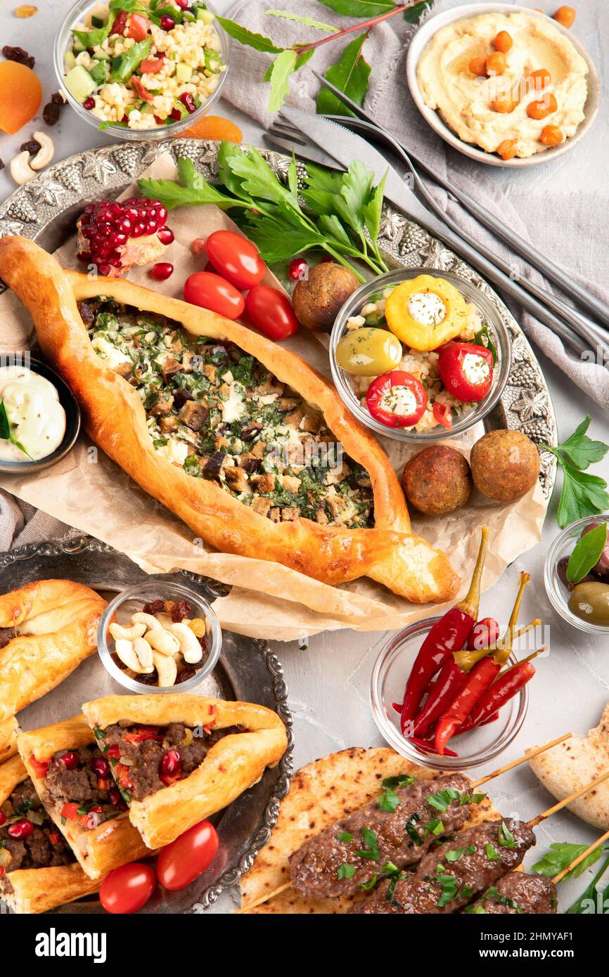 Turkish food on light background. Traditional food concept. Flat lay ...
