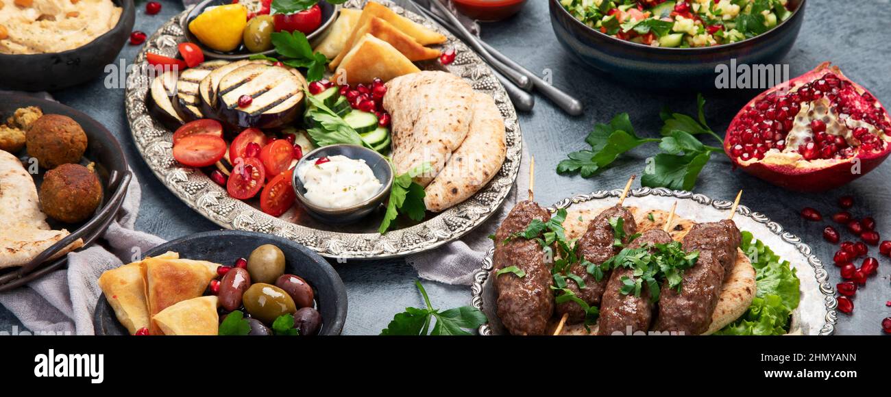 Arabic food assortment on dark background. Traditional food concept ...