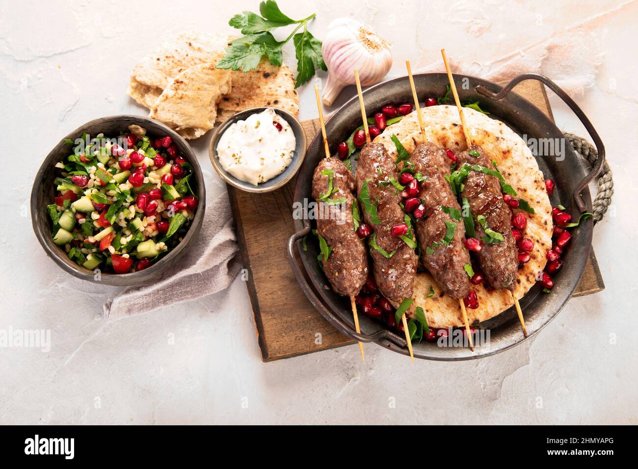Kebab with pita on light background. Mediterranean diet concept. Flat ...