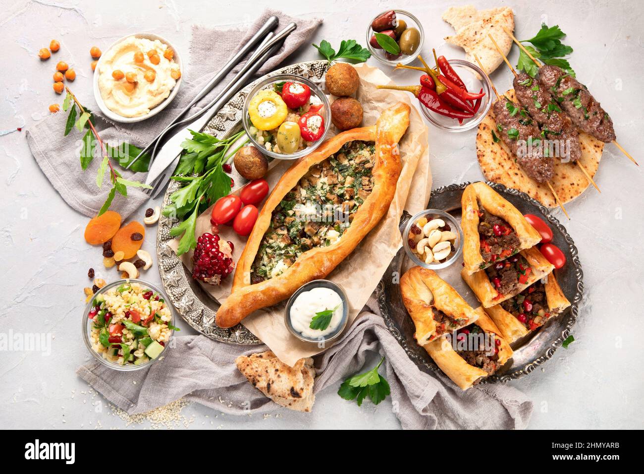 Turkish food on light background. Traditional food concept. Flat lay ...
