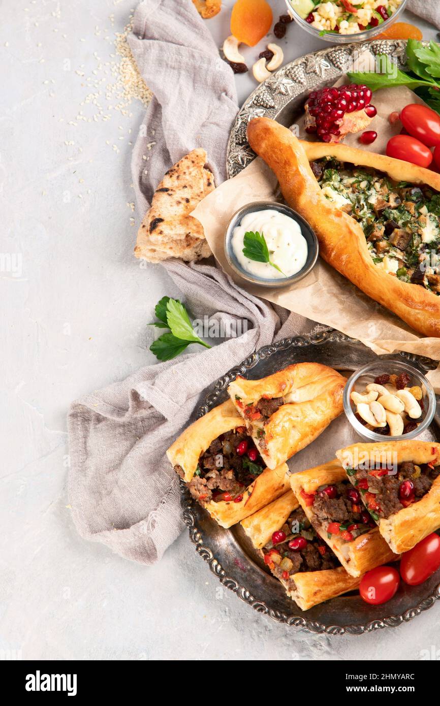 Turkish food on light background. Traditional food concept. Flat lay ...