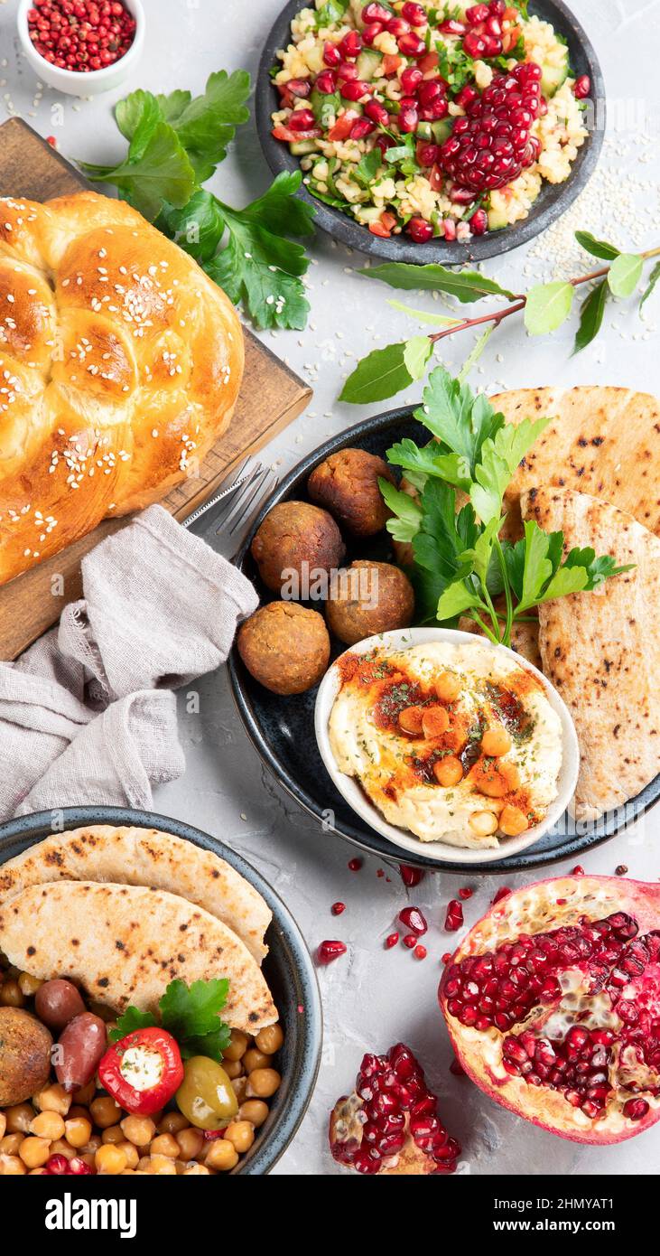 Jewish food on light background. Traditional food concept. Flat lay ...