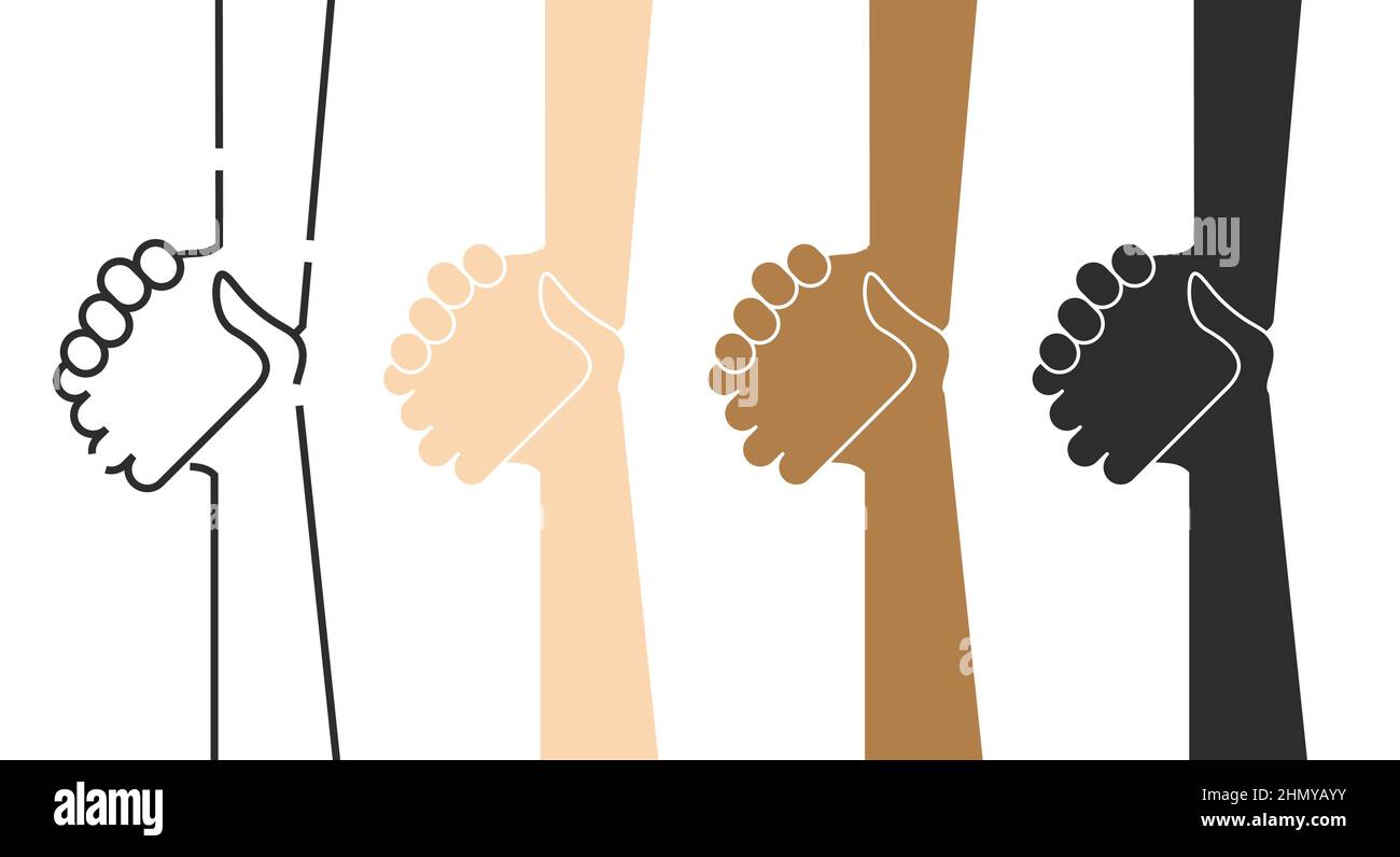 Giving a helping hand. Outline and different skin colors set. Saving ...
