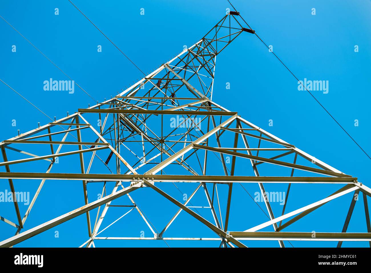 View of the top of a high voltage transmission tower from below Stock ...