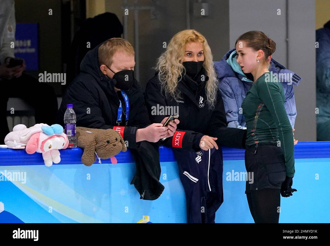 ROC's Kamila Valieva speaks to her coach Eteri Tutberidze during a ...