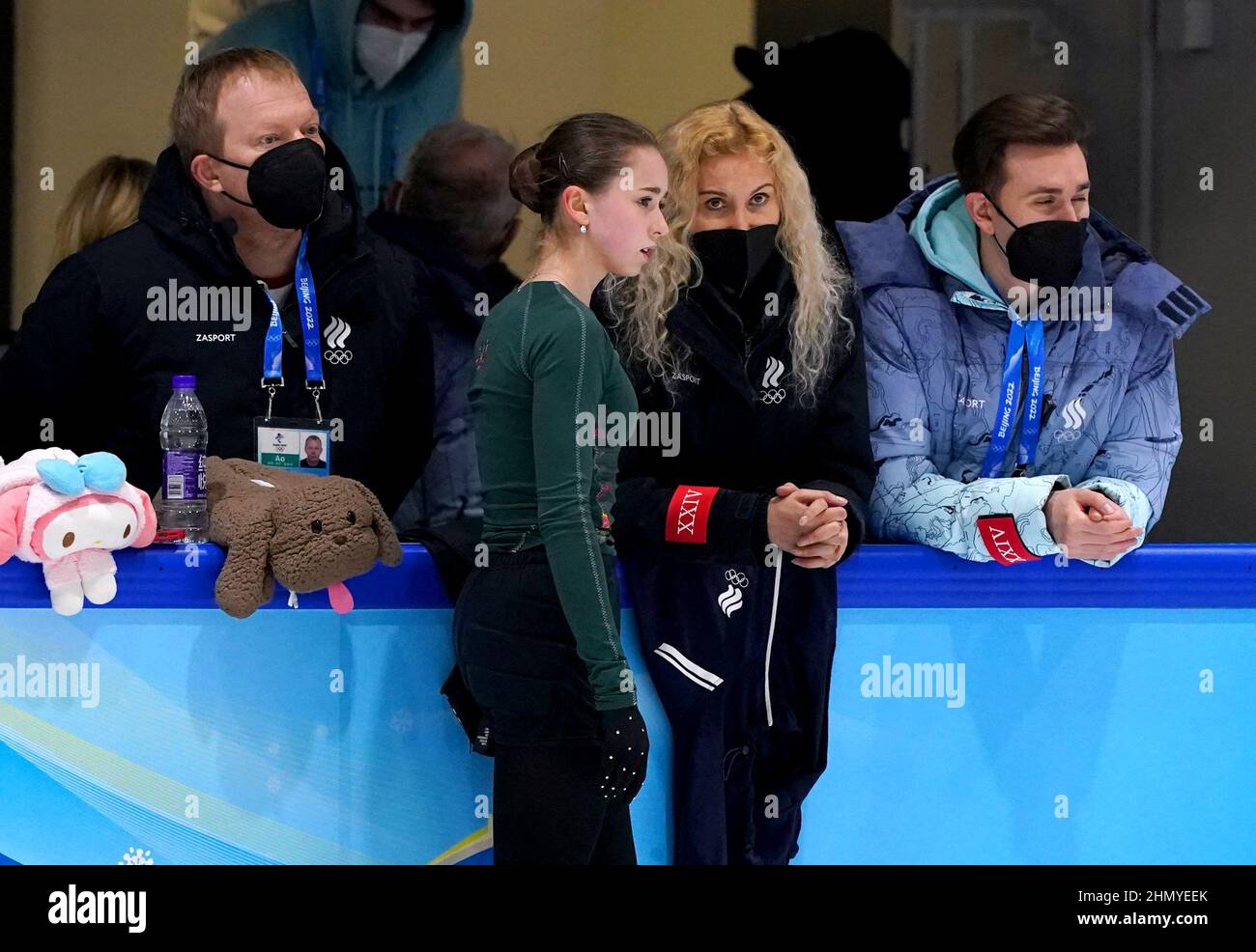 ROC's Kamila Valieva speaks to her coach Eteri Tutberidze during a ...