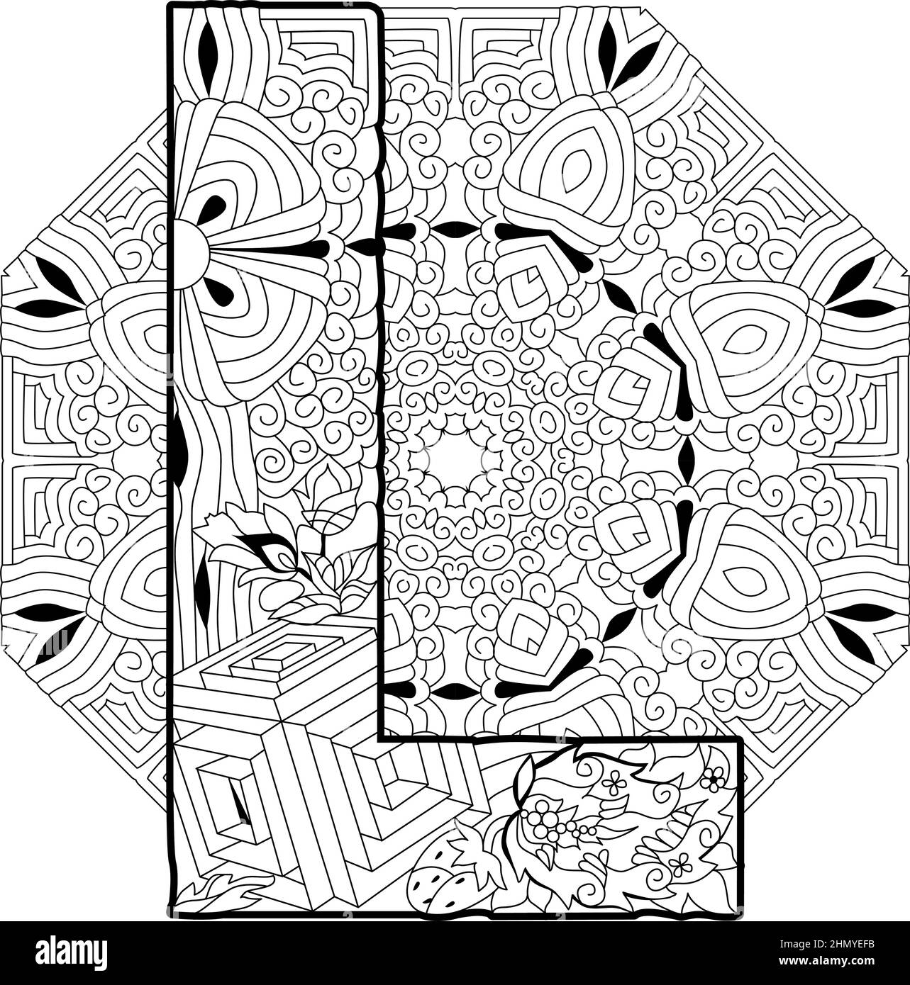 Zentangle stylized alphabet - letter L on mandala for coloring. Vector ...