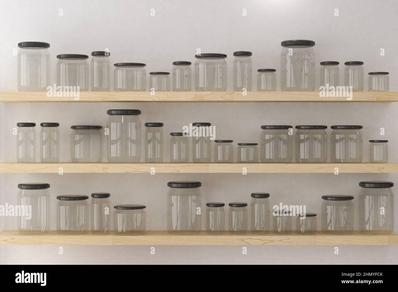 3d rendering empty glass jars on wooden shelves Stock Photo - Alamy