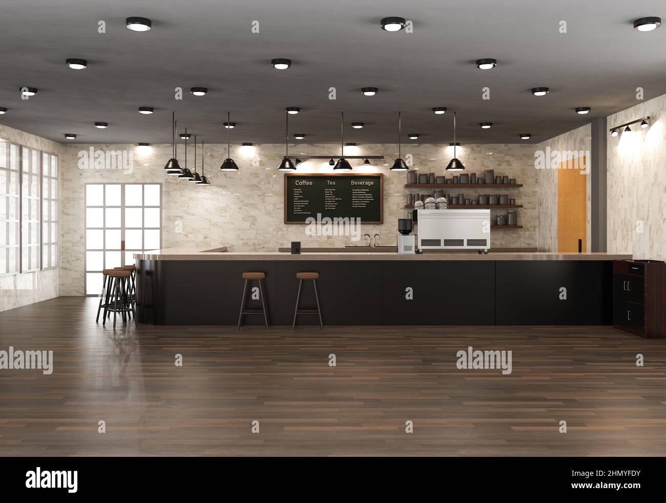 3d rendering cafe interior or coffee shop inside with counter bar and ...