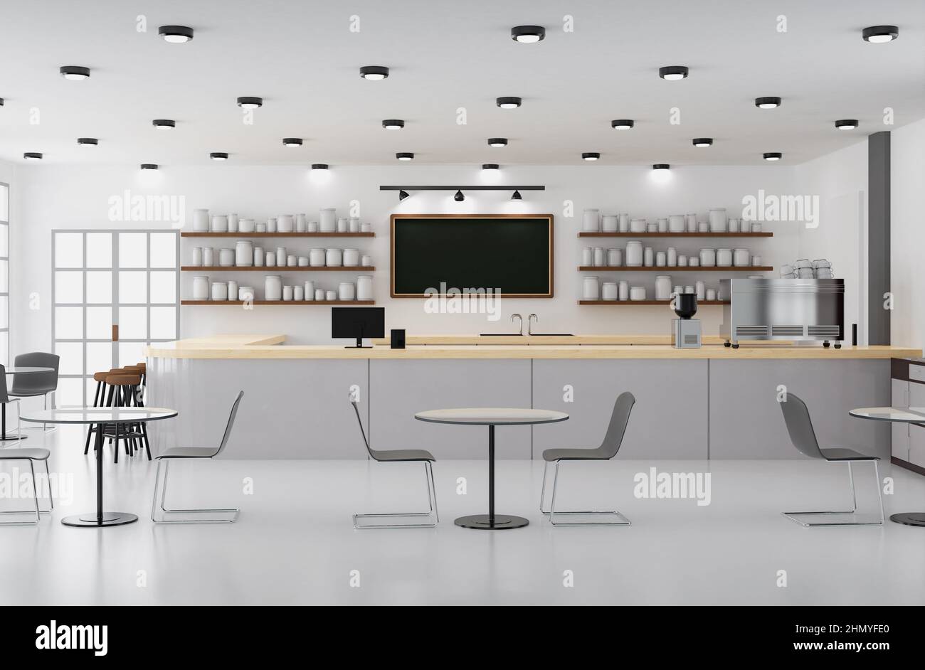 3d rendering cafe interior or coffee shop inside with counter bar and ...