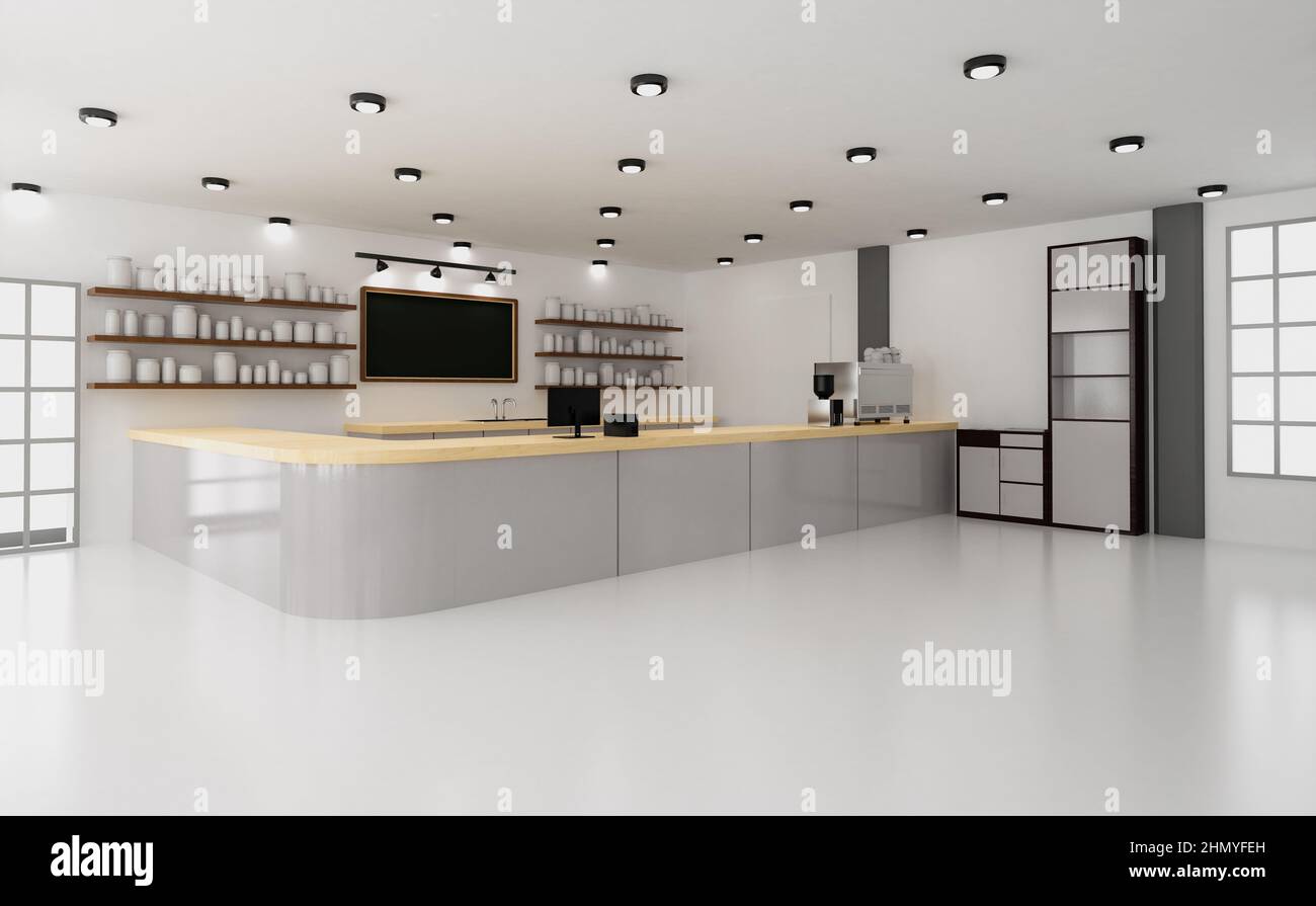 3d rendering cafe interior or coffee shop inside with counter bar and ...