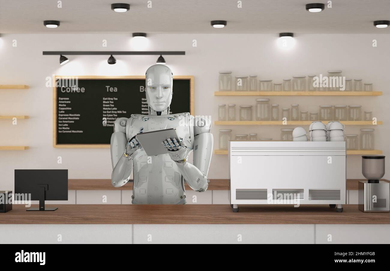 Automation cafe or coffee shop concept with 3d rendering robotic ...