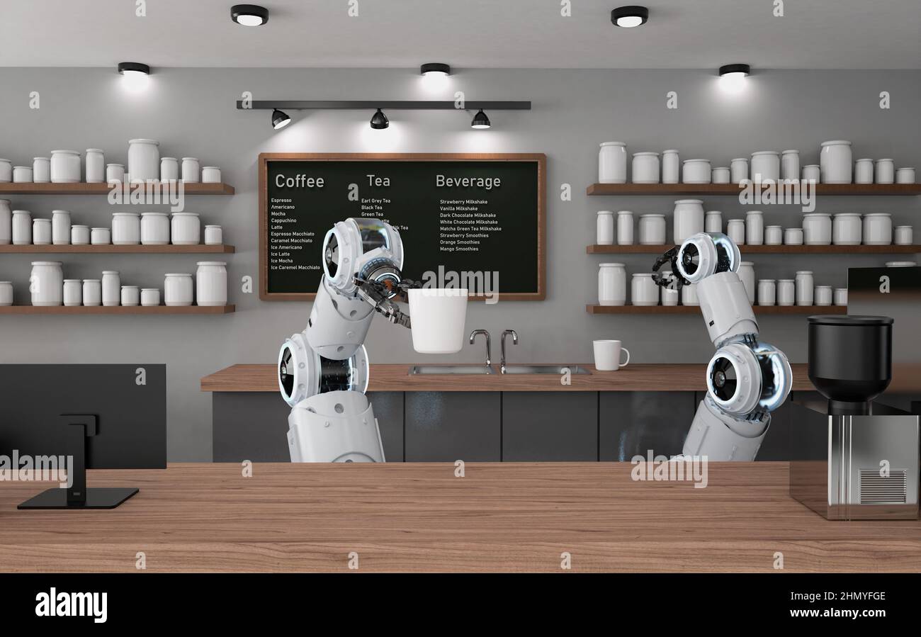 Automation cafe or coffee shop concept with 3d rendering robotic ...