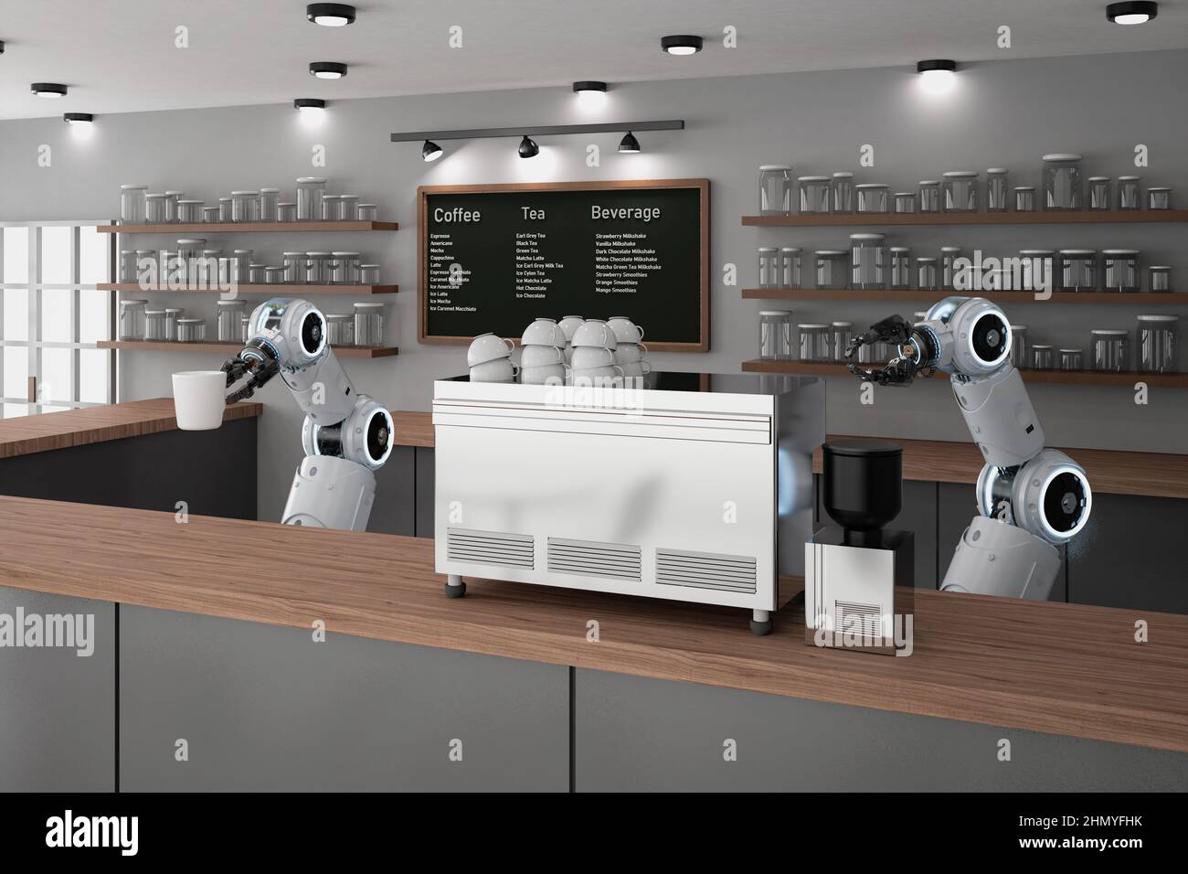 Automation cafe or coffee shop concept with 3d rendering robotic ...