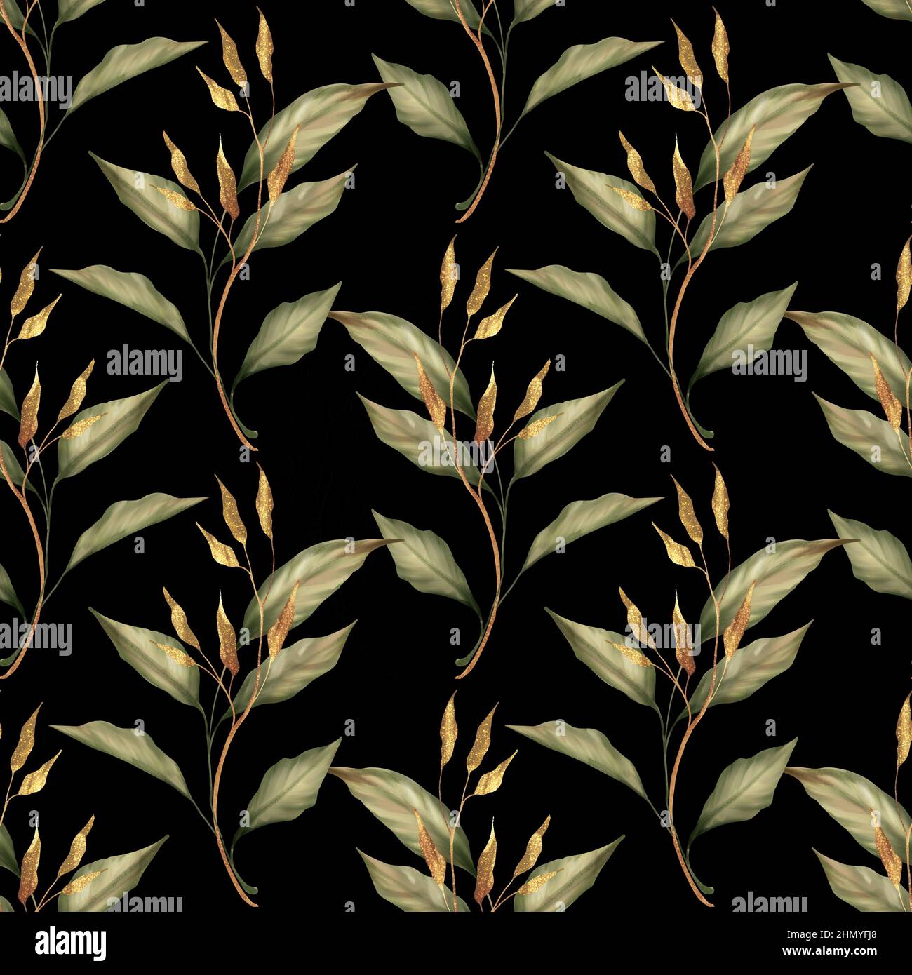 Floral pattern. Green and gold leaves on black background Stock Photo ...