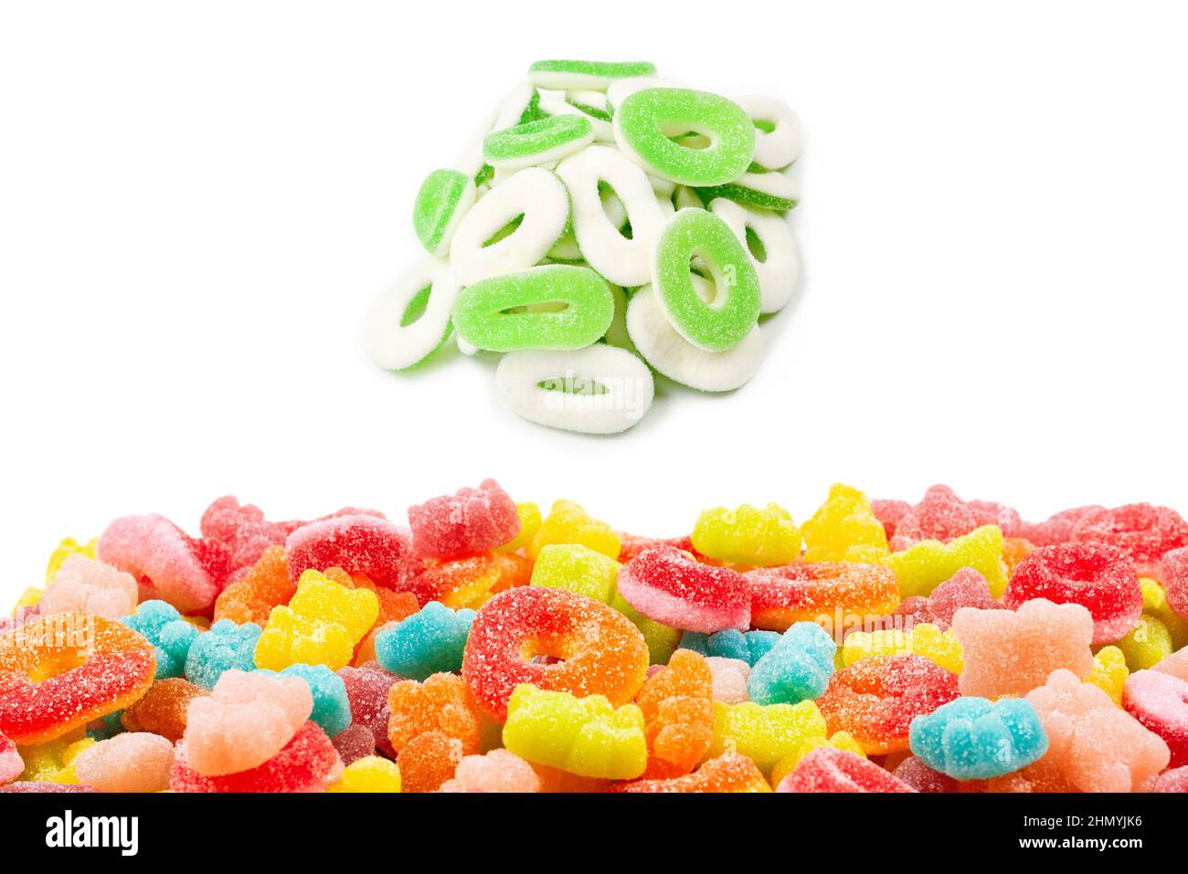 Green gummy candies rings isolated on white. Top view. Jelly sweets ...