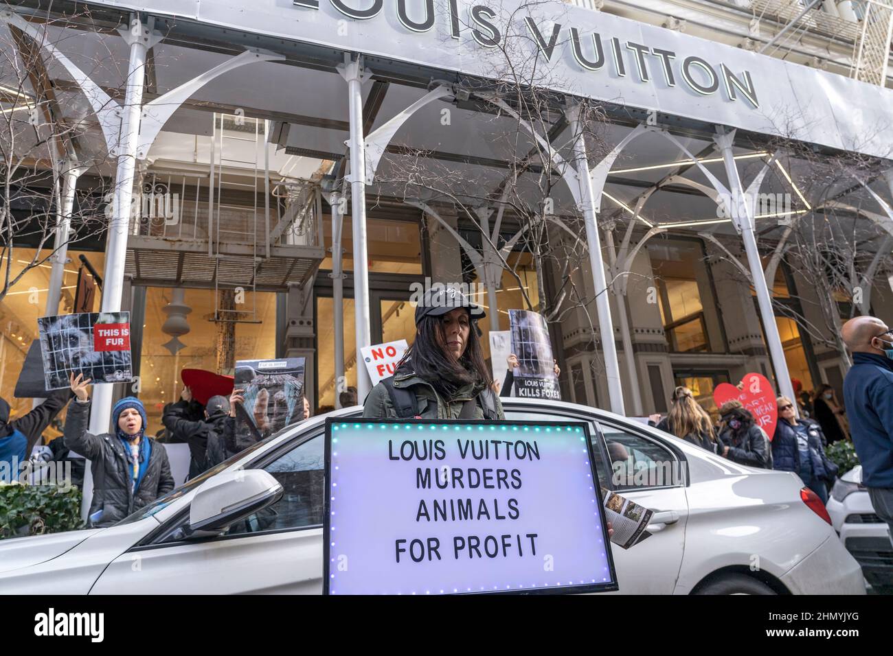 NEW YORK, NY - FEBRUARY 12: Animal Rights Protesters holding signs ...