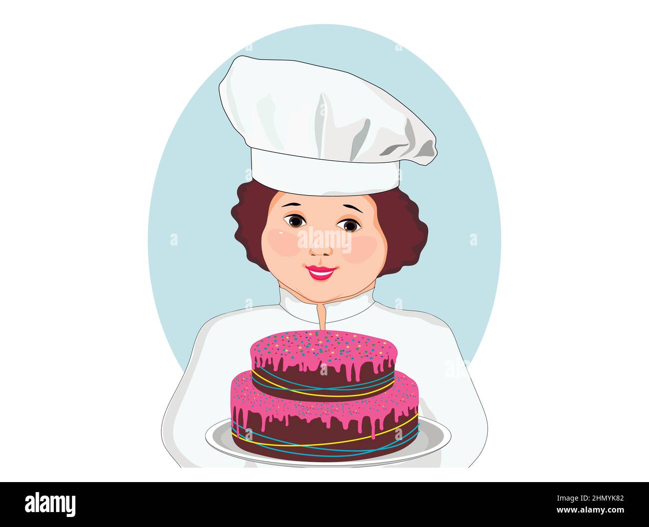 pastry chef is a woman in uniform. The pastry chef holds the cake on a ...