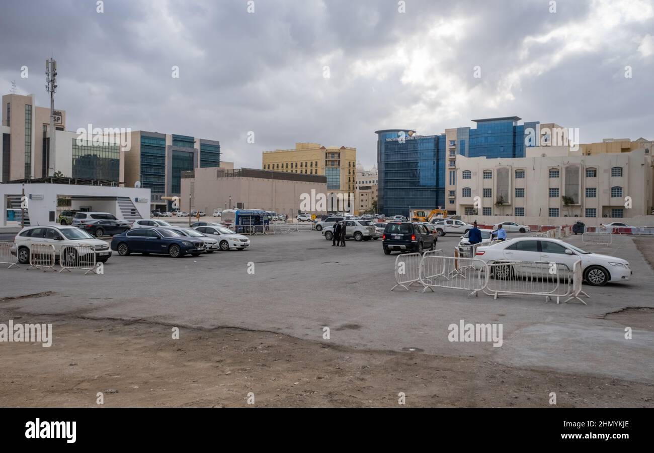 Doha, Qatar - January 16th 2022: A car park in Al Sadd beside the C ...