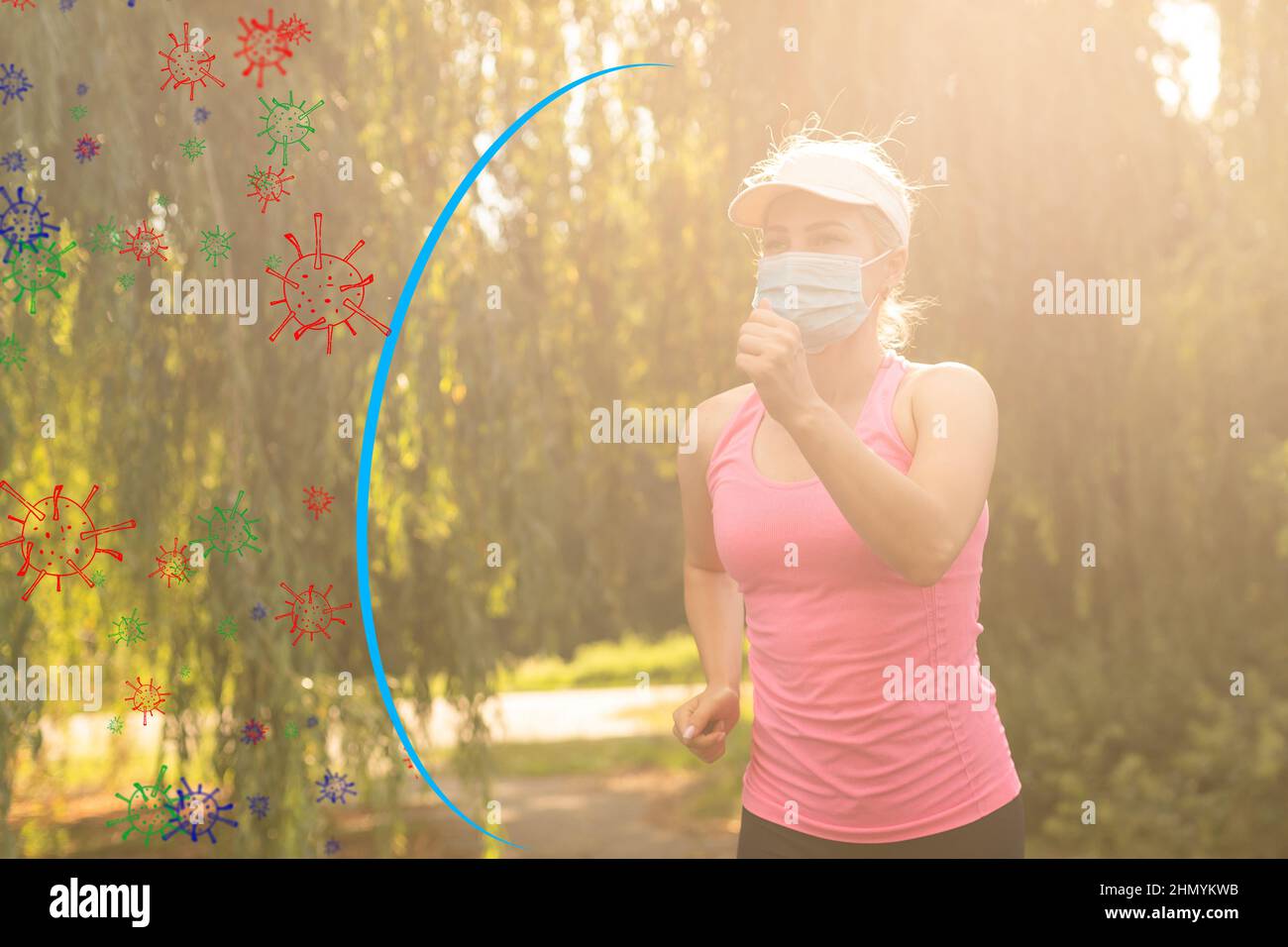 Portrait of young beautiful woman with virtual barrier to protect ...
