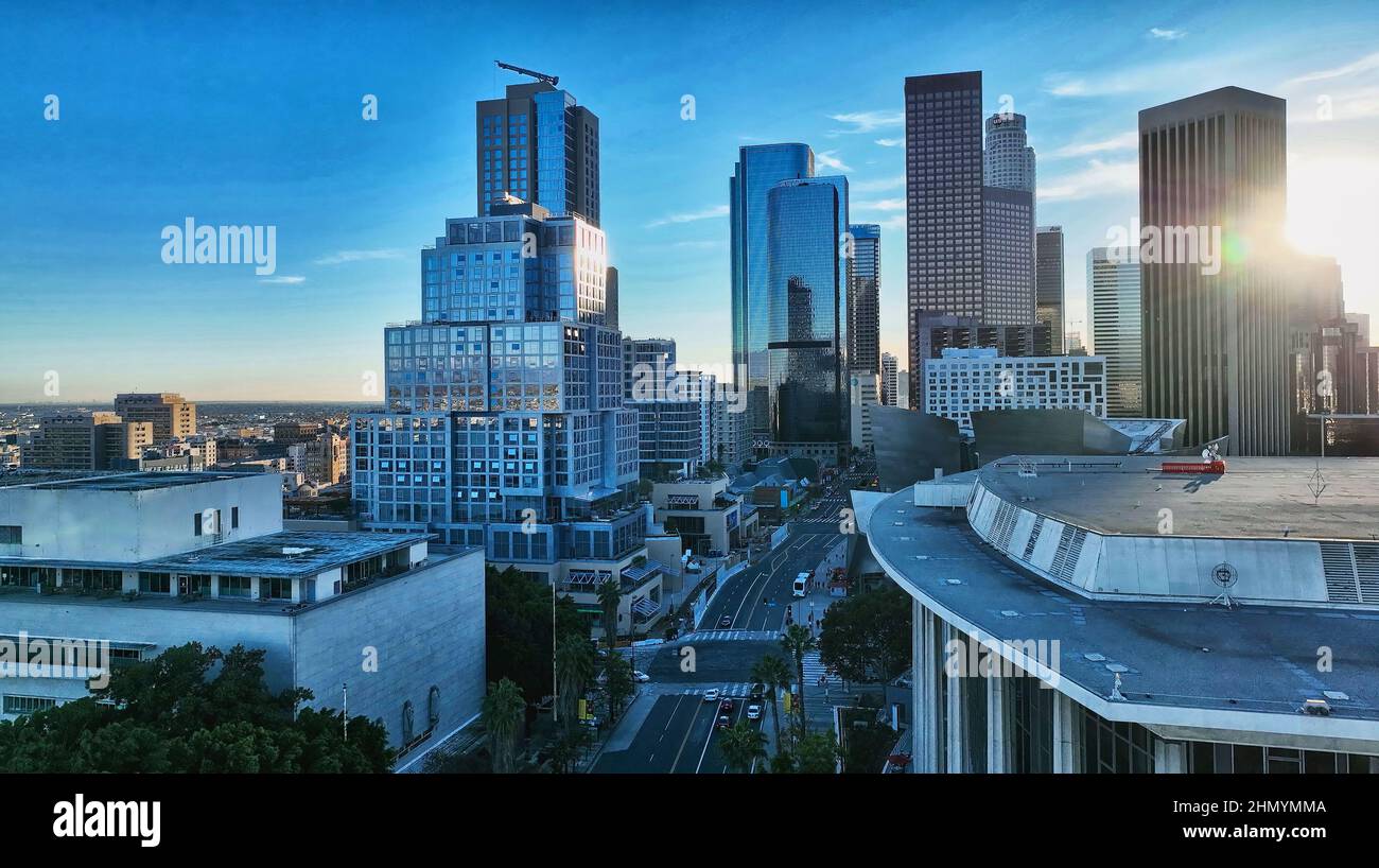Los Angels city center. Los angeles aerial view, with drone. Los ...