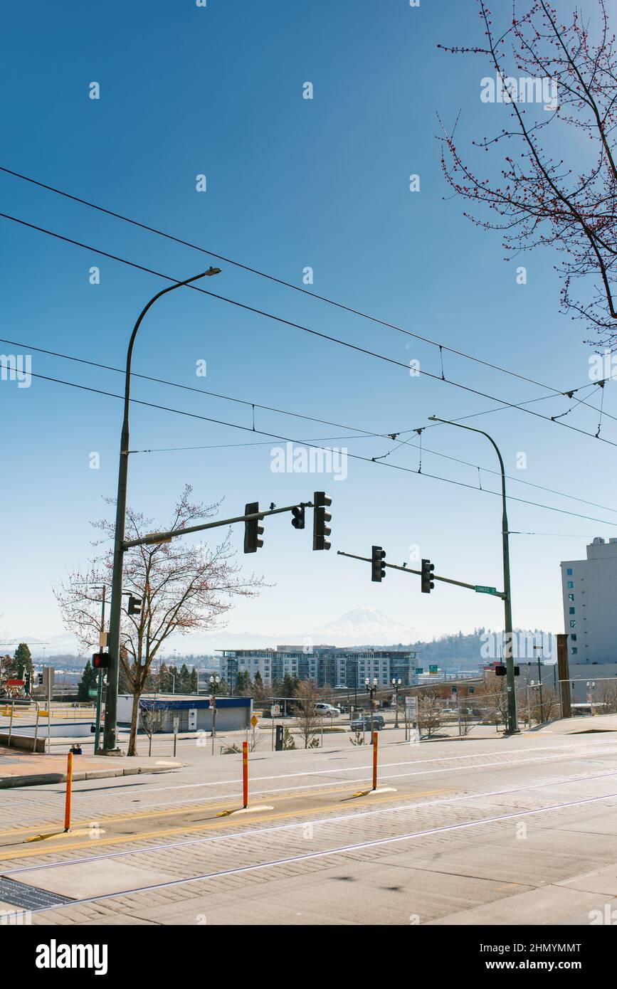 Tacoma, Washington, USA. March 2021. Downtown roads with traffic lights ...