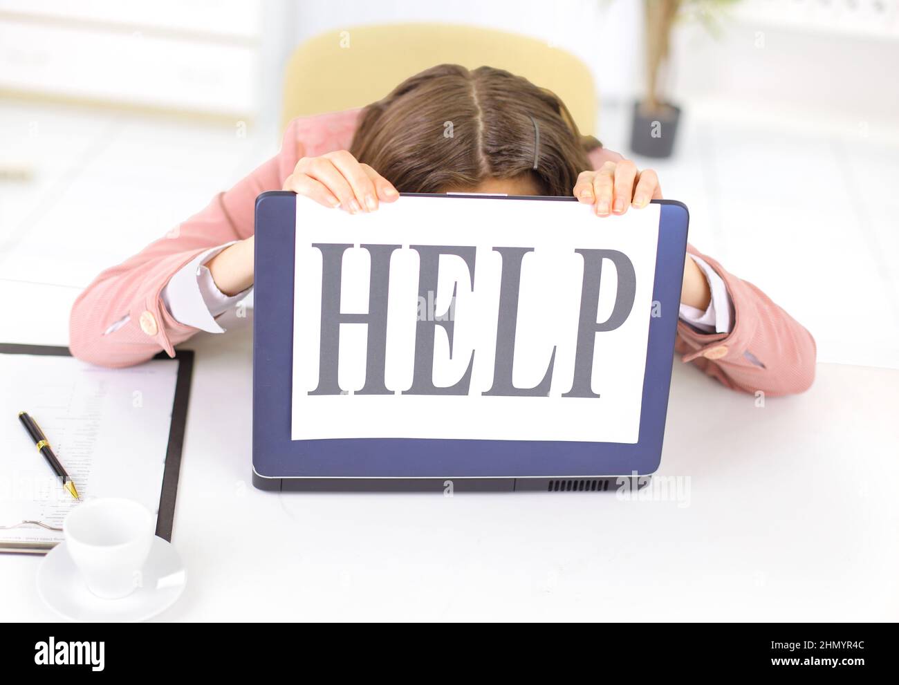 business woman needs help to manage work. Isolated on white background ...