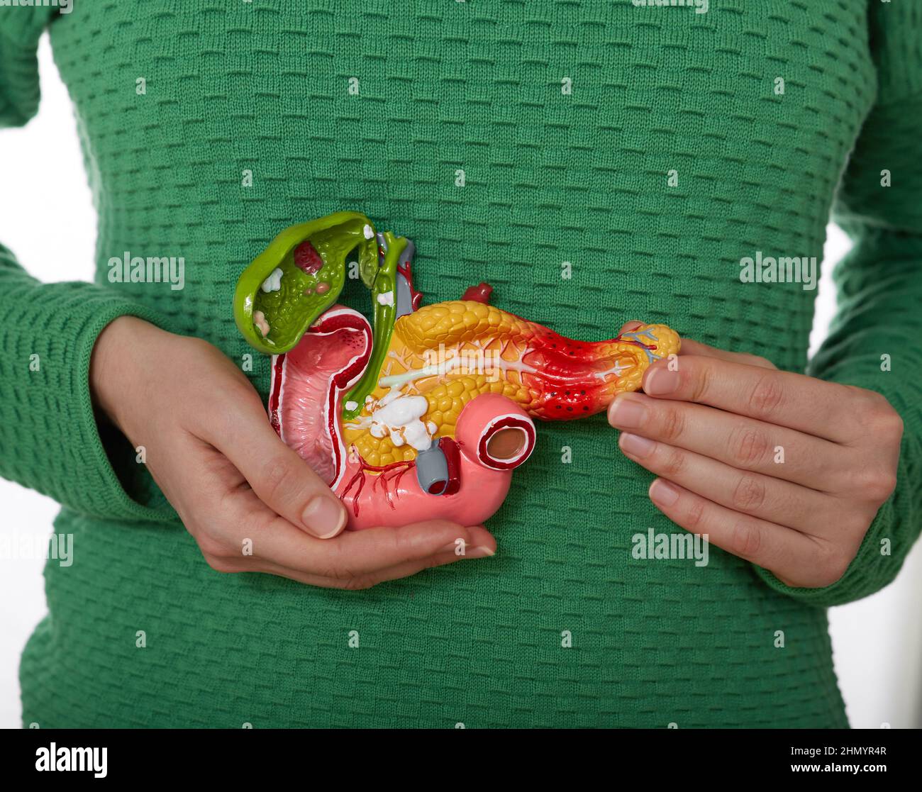 Woman suffering from pain in pancreas area and gallbladder. Treatment ...