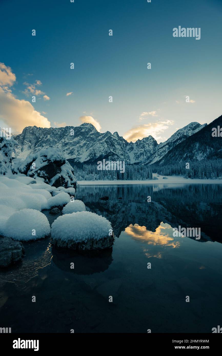 Frosty winter sunset at the lakes of Fusine, Friuli Venezia Giulia ...