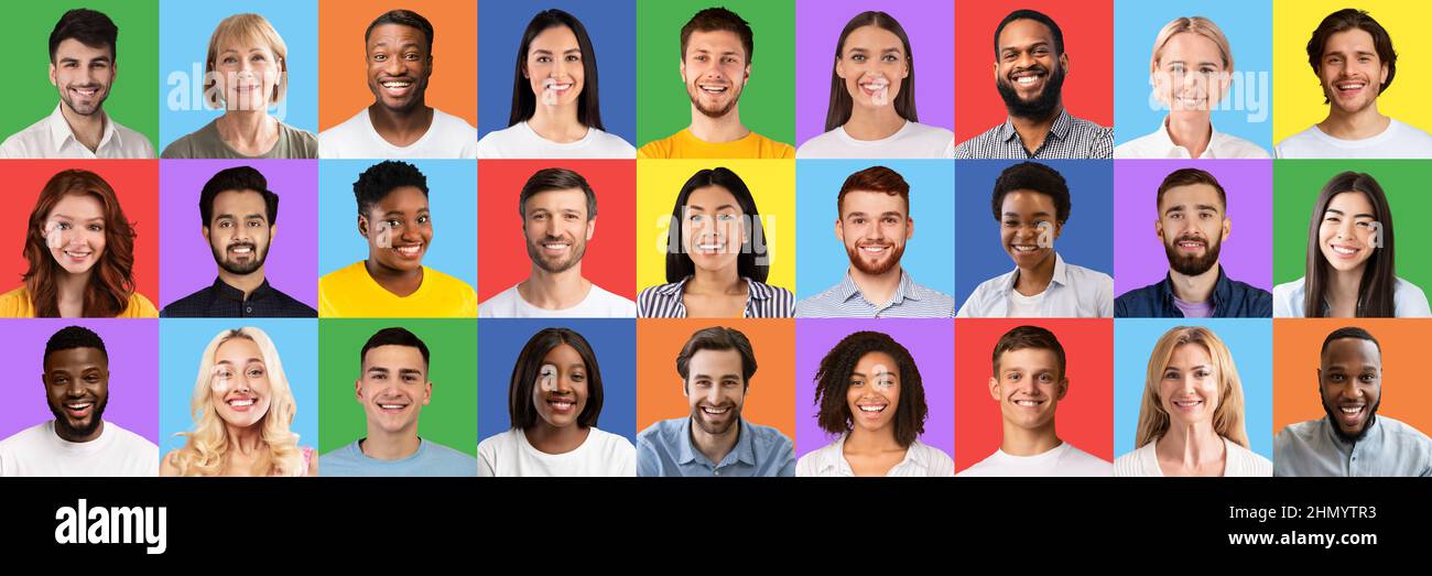 Collage of diverse people of different ages and races on bright ...