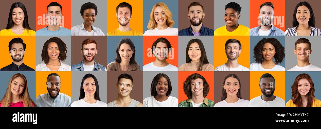 Collection of multiracial people smiling and feeling happy on colorful ...