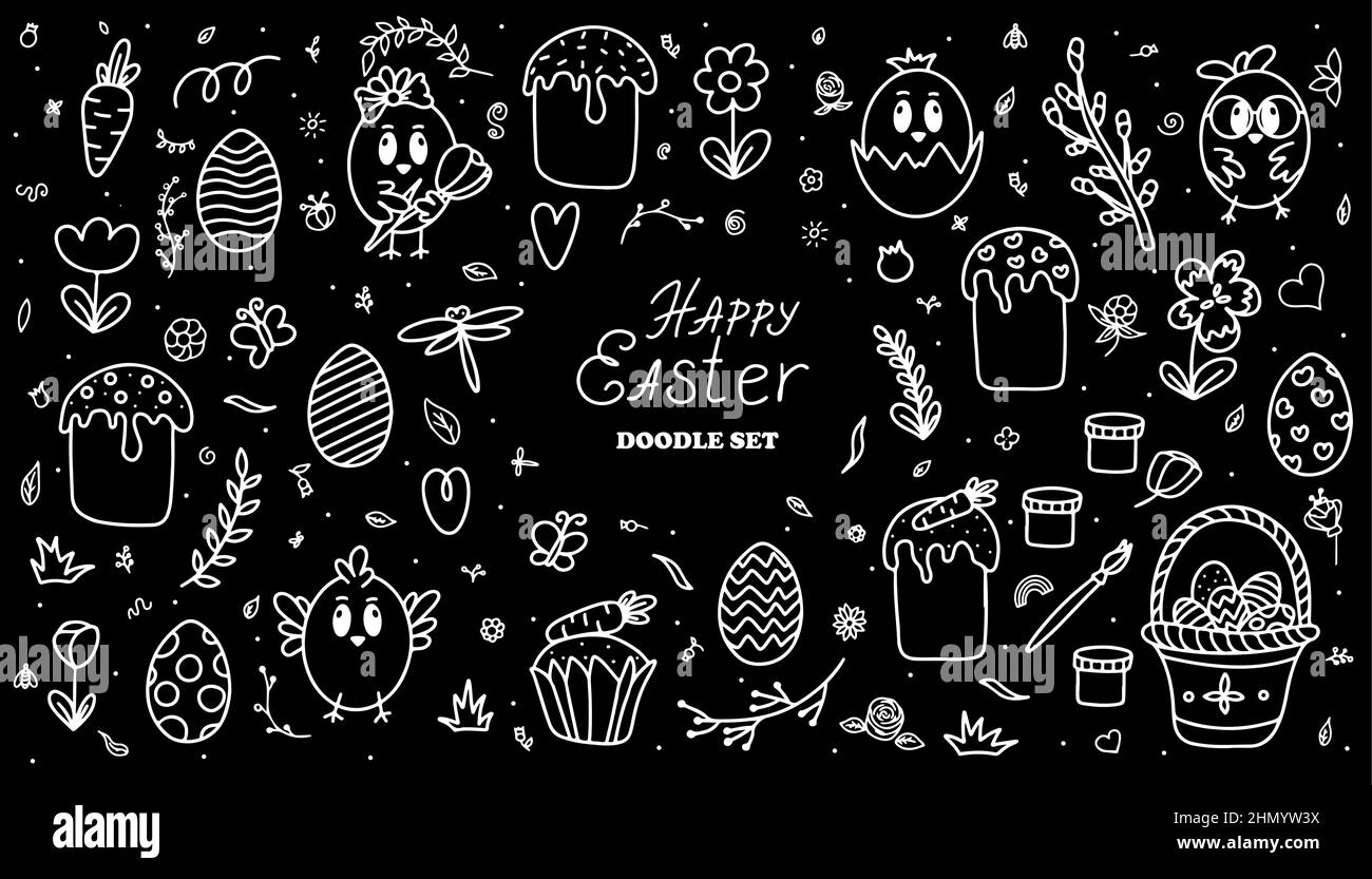 Easter traditional doodle collection - eggs, chickens, basket ...