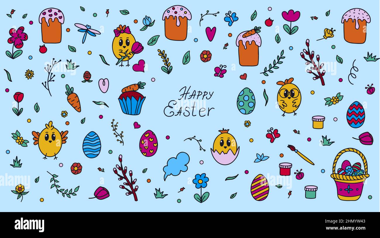 Easter traditional doodle collection - eggs, chickens, basket ...