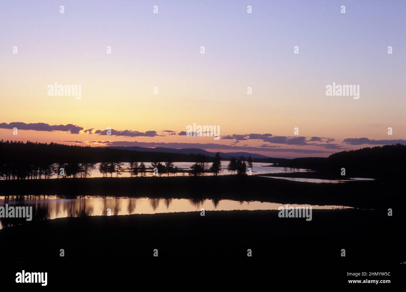 Nightfall, sunset, dusk by a river in 2005, analog. Magical sky ...