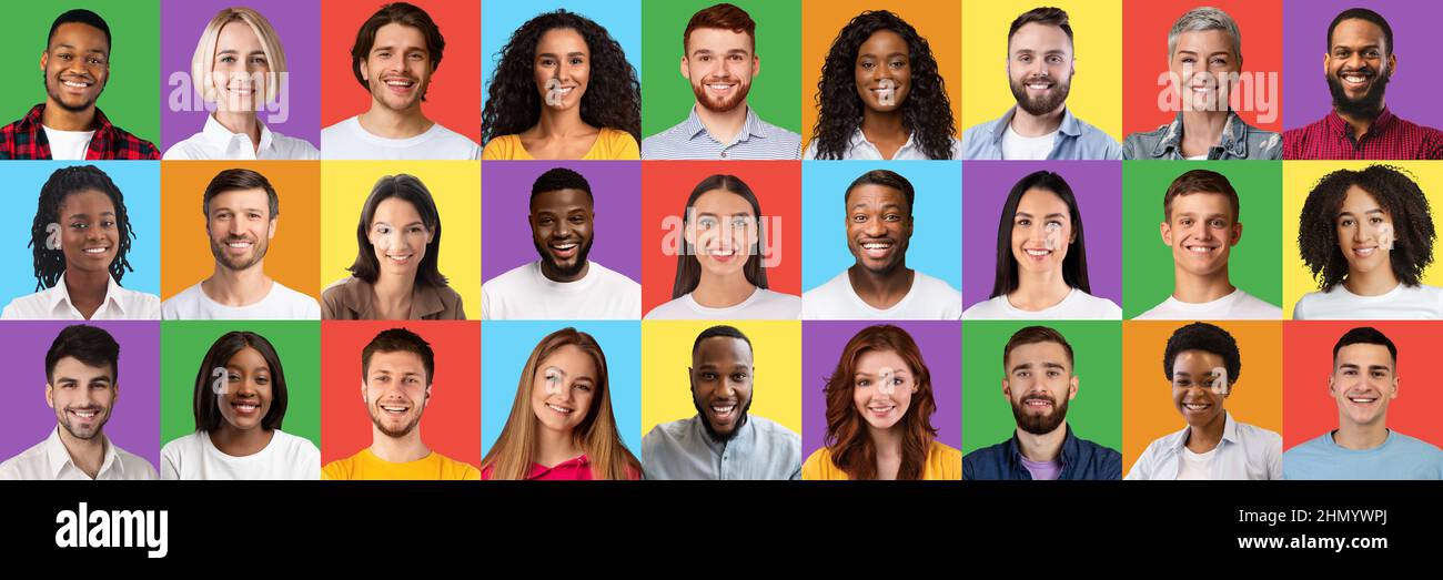 Multiracial people faces mosaic. Set of various men and women portraits ...